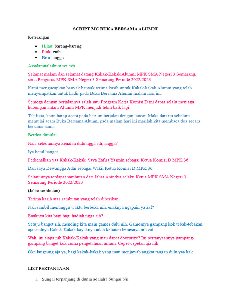 Skrip MC Buka Bersama Alumni 2023 | PDF