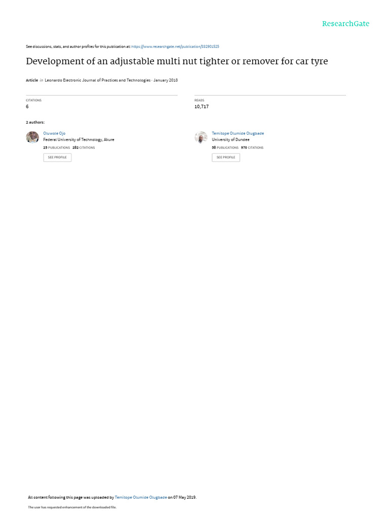 Development of An Adjustable Multi Nut Tighter or Remover For Car Tyre ...