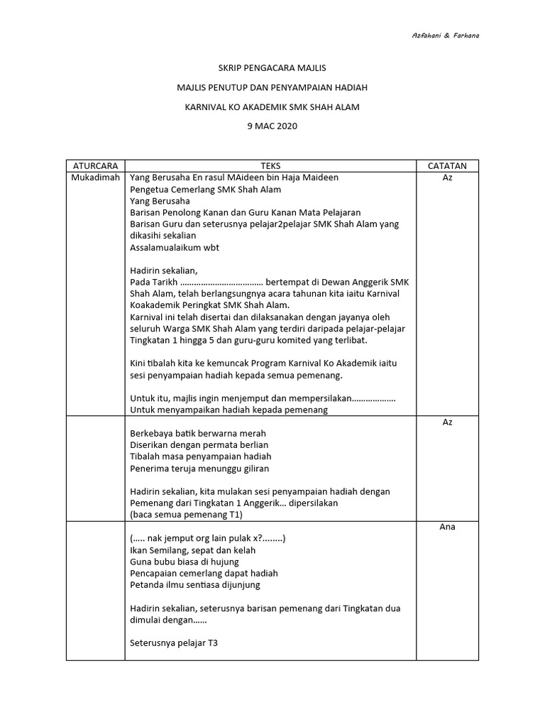 Skrip Pengacara Majlis Penutup Koakademik | PDF