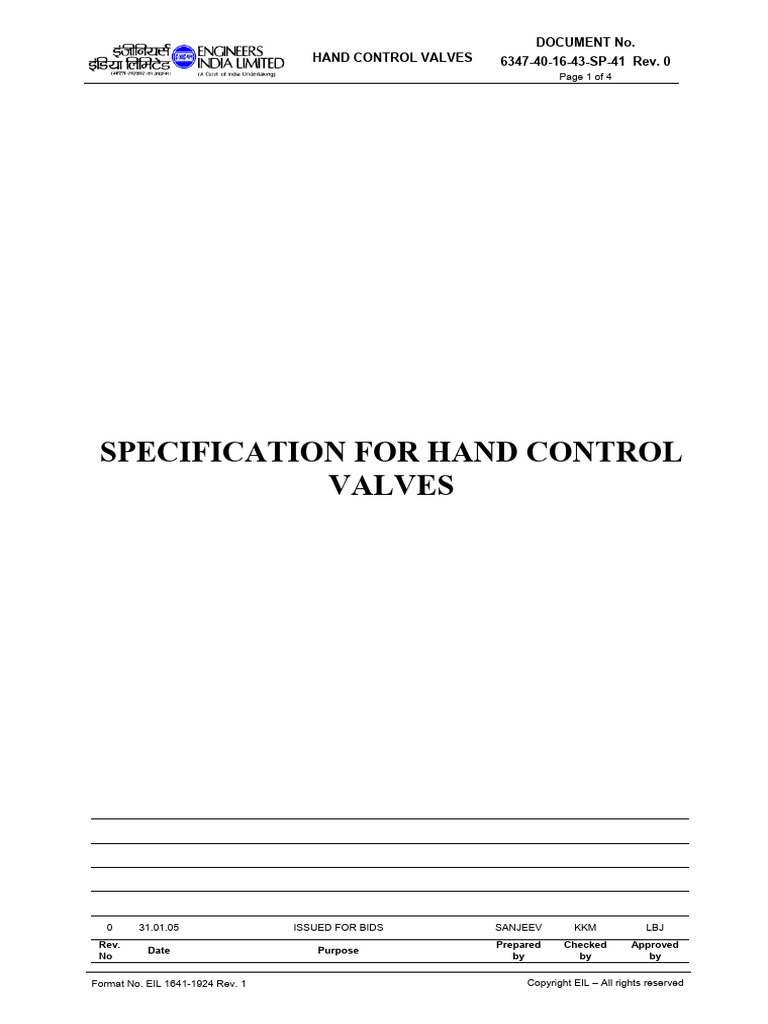Specification For Hand Control Valves | PDF | Specification (Technical Standard) | Valve
