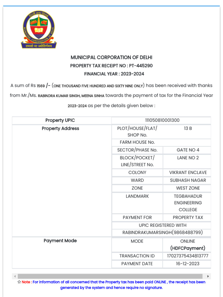 Property Tax Receipt for 2023-2024 | PDF | Receipt | Taxation