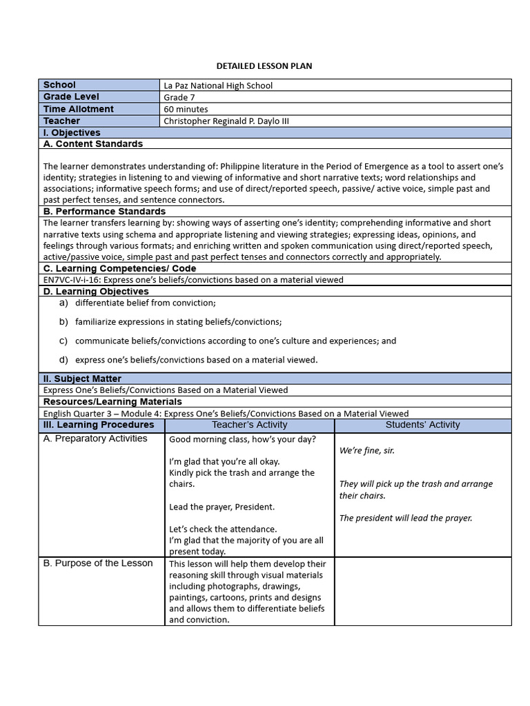 Lesson Plan in Beliefs and Conviction | PDF | Human Communication | Cognitive Science