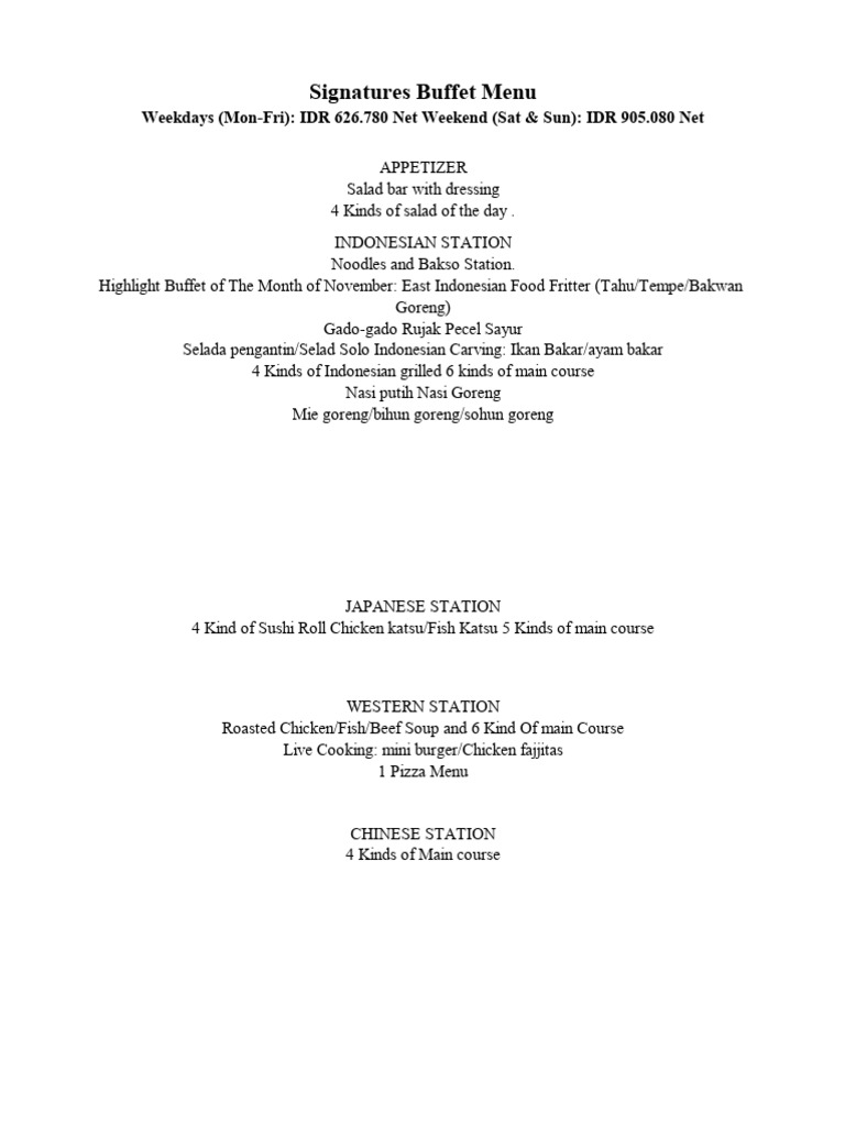 Signatures Buffet Menu Overview | PDF
