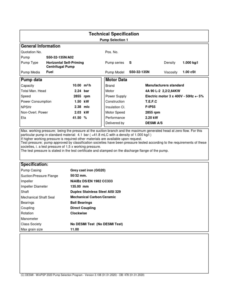 Industrial Pump Technical Specs | PDF | Pump | Electric Motor