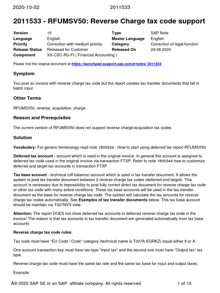 E - 20201002 - RFUMSV50 Reverse Charge Tax Code Support | PDF | Invoice ...