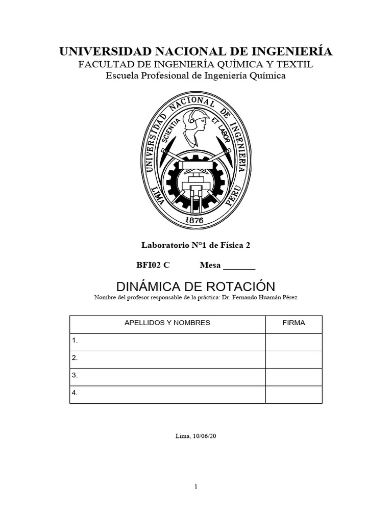 Lab1 BFI02C 2020-1 | PDF | Energía cinética | Rotación