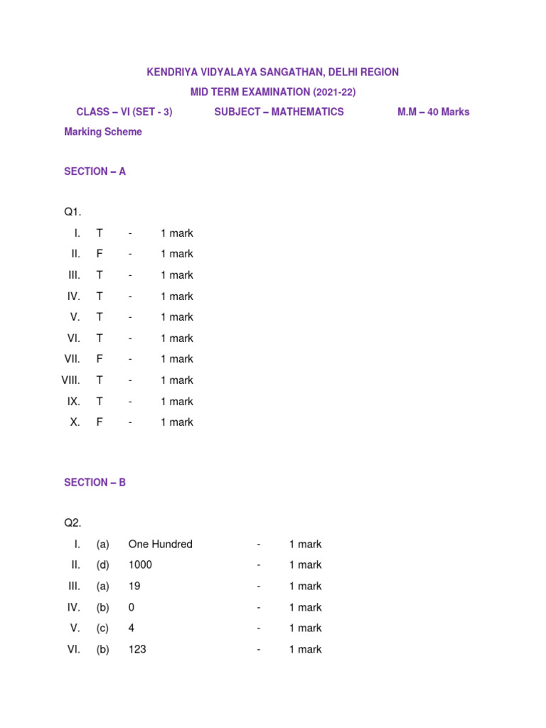 Class VI Mathematics Mid-Term Exam 2021-22 | PDF