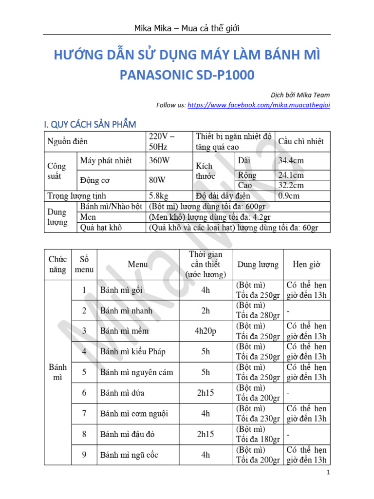 Mika Hướng Dẫn Sử Dụng Máy Làm Bánh Mì Panasonic Sd p1000 2 | PDF