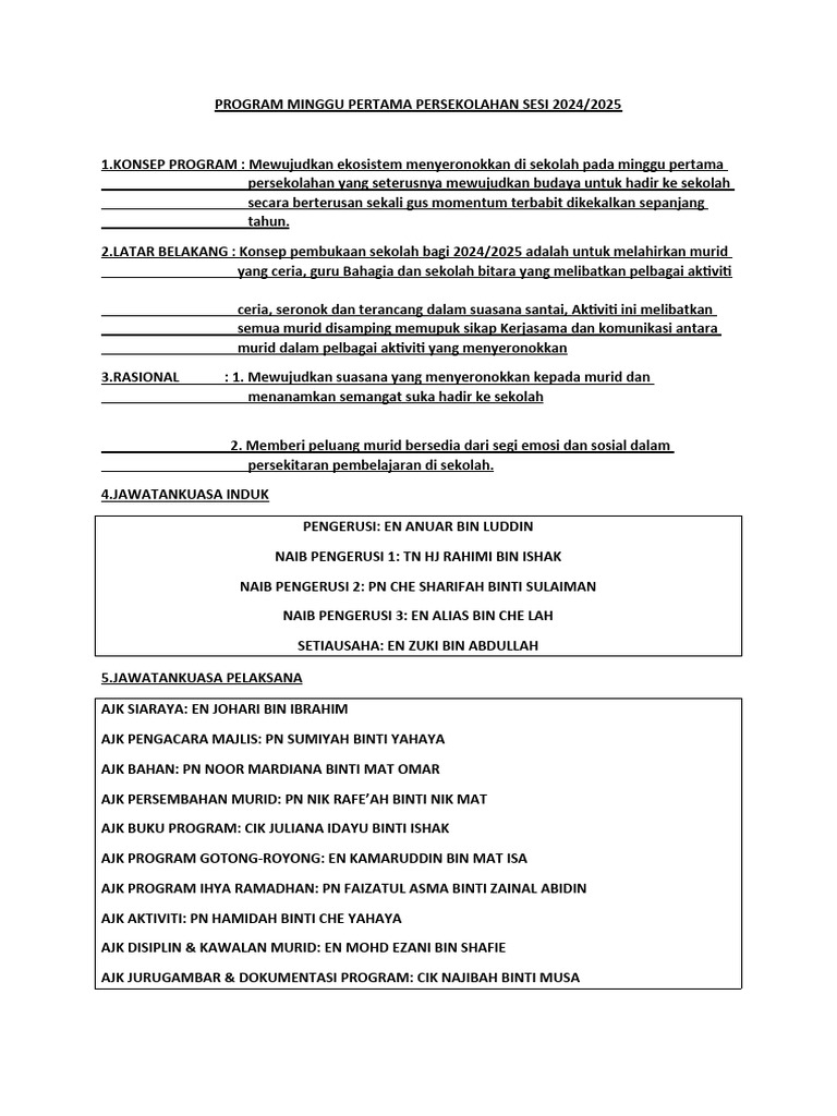 Program Minggu Pertama Persekolahan Sesi 2024 | PDF