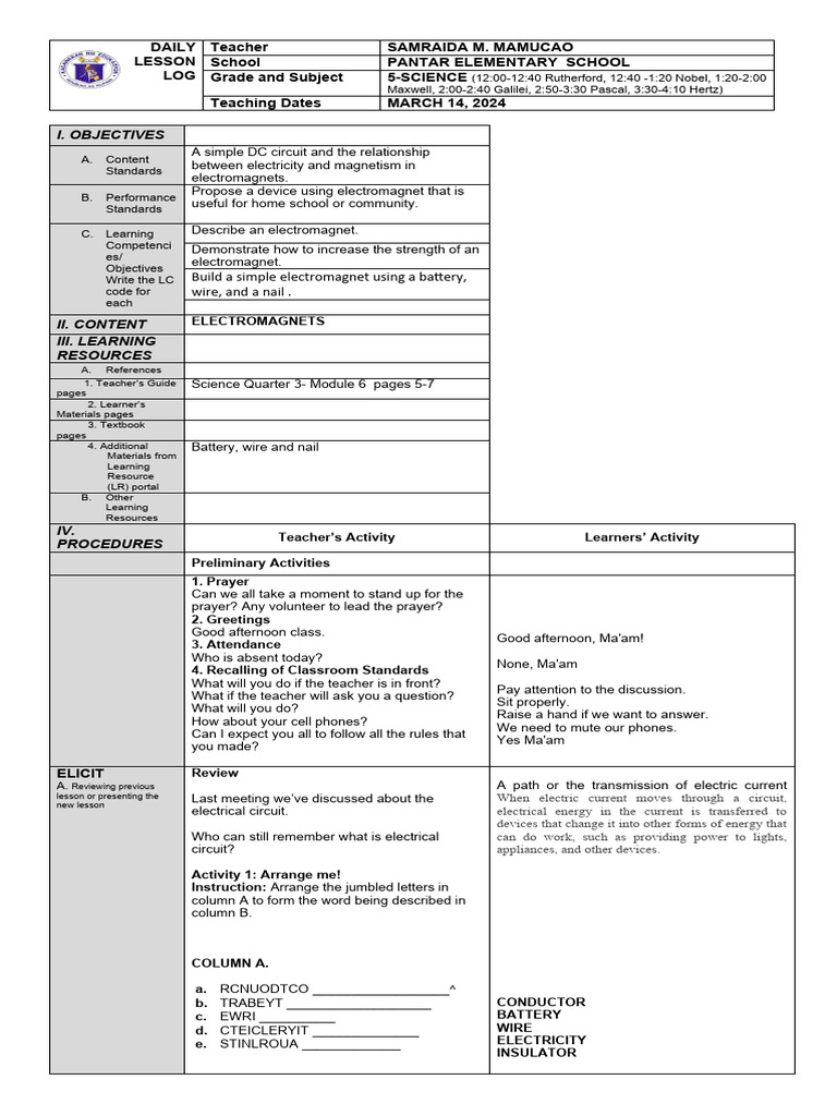 7e, S Lesson Plan in Science-Samraida Finals | PDF | Magnet | Electricity