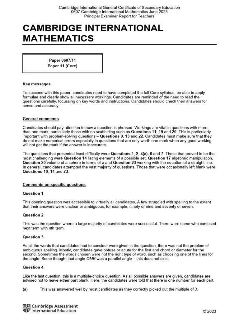 Cambridge International Mathematics: Paper 0607/11 Paper 11 (Core ...