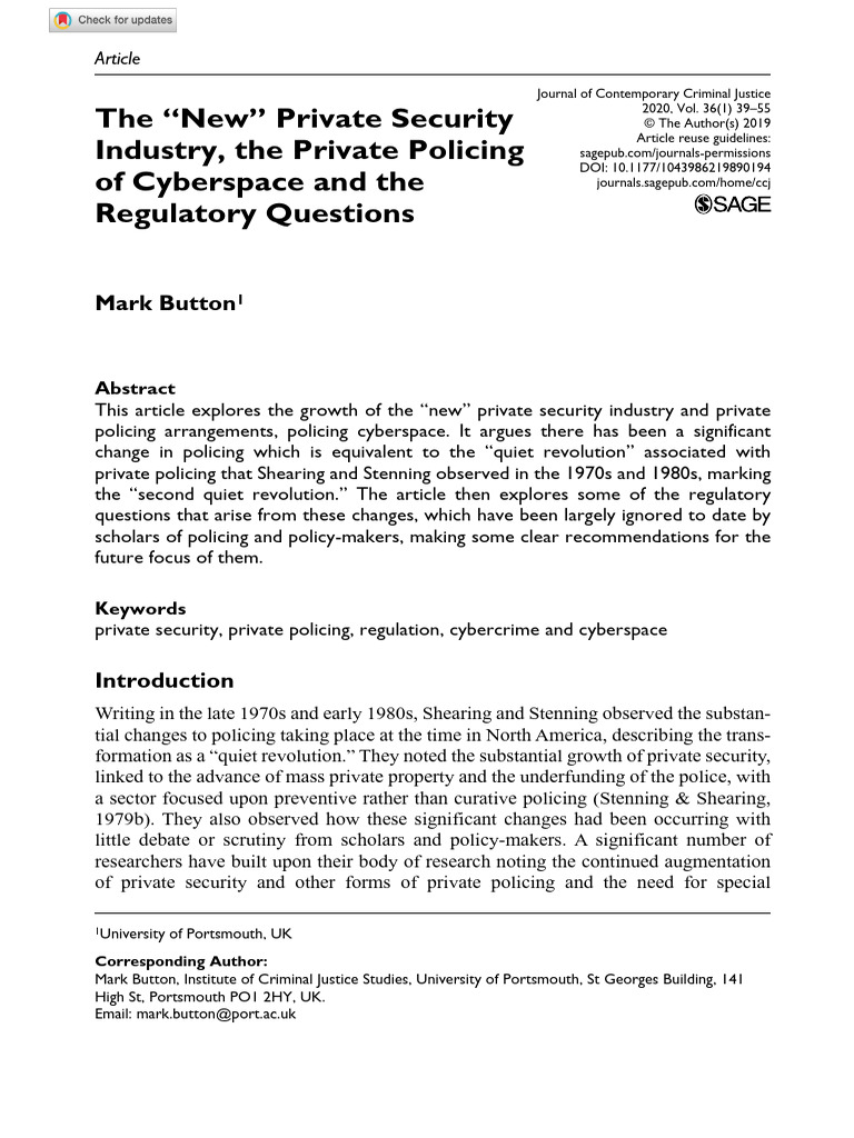 Mark Button, The 'New' Private Security Industry, The Private Policing of Cyberspace and The ...