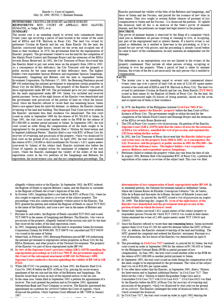 Knecht Eminent Domain Case Summary | PDF | Eminent Domain | Lawsuit