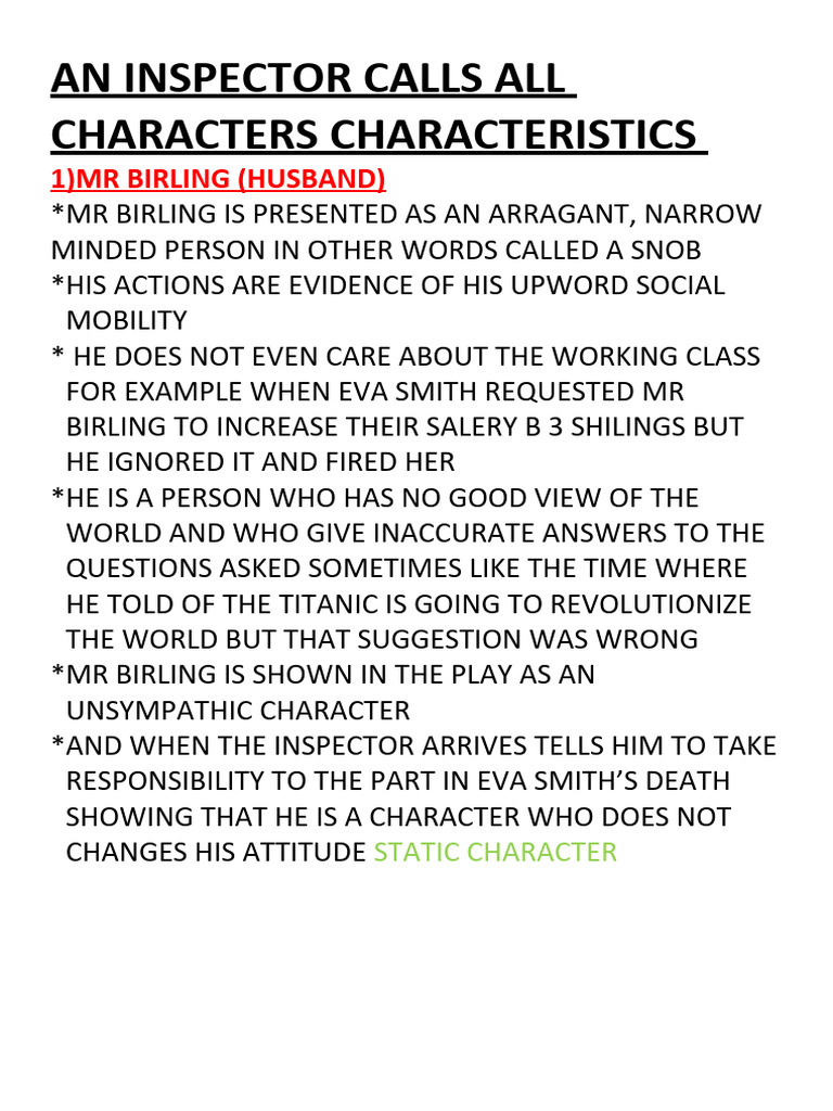 An Inspector Calls All Characters Characteristics | PDF | Mystery ...