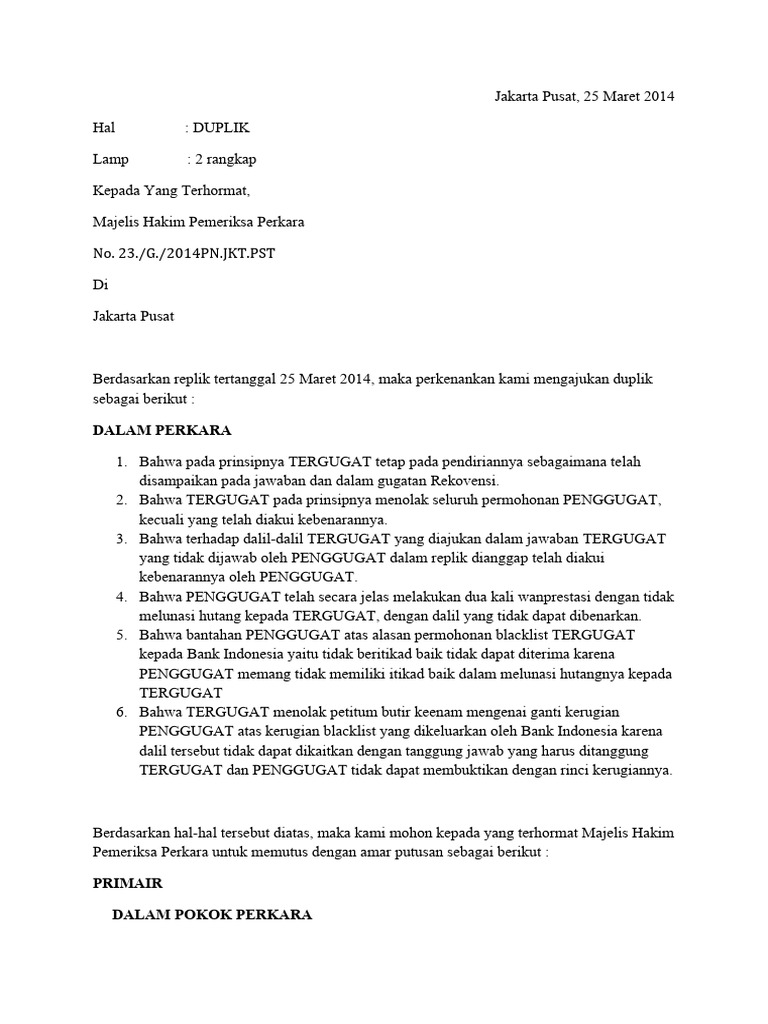 Contoh Duplik Tergugat | PDF | Hukum