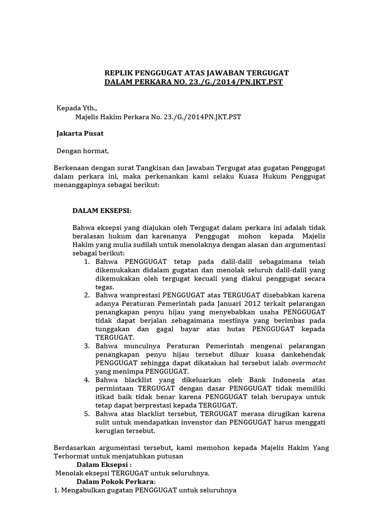 Contoh Replik | PDF | Hukum