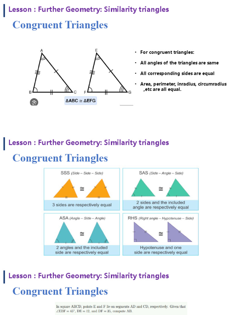 Congruent Triangles: Lesson: Further Geometry: Similarity Triangles | PDF