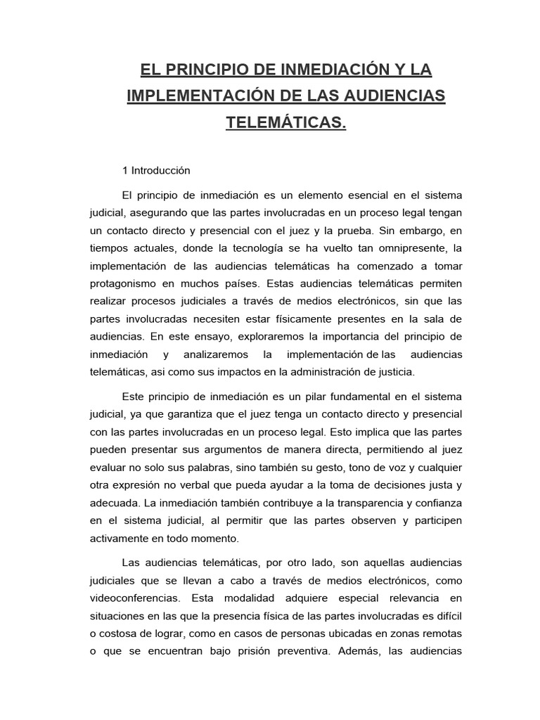El Principio de Inmediación y La Implementación de Las Audiencias ...