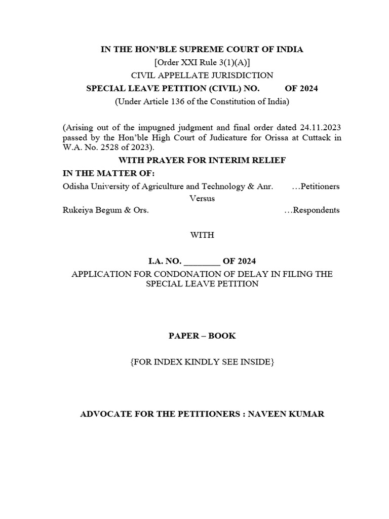 Draft SLP - Rukeiya Begum | PDF | Appeal | Judgment (Law)