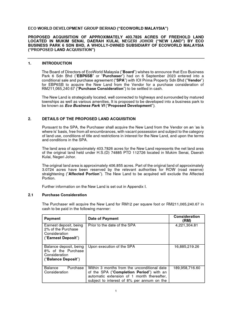 EcoWorld Malaysia - Proposed Land Acquisition | PDF | Mergers And Acquisitions | Leverage (Finance)