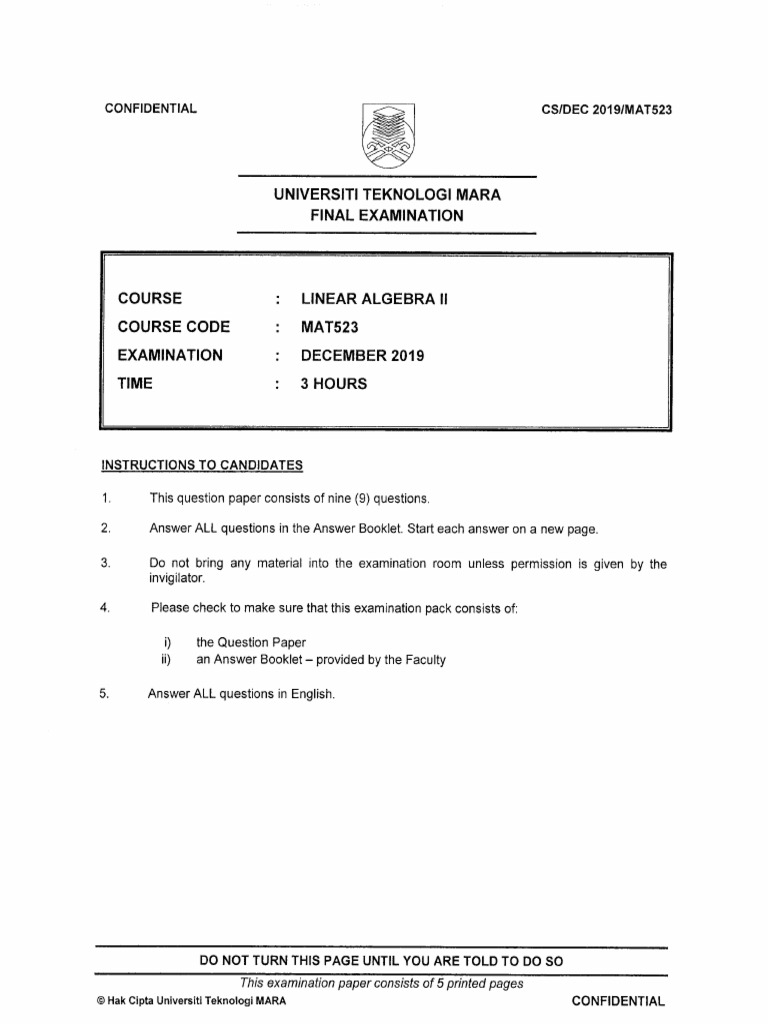 Uitm Mat523 Dec2019 Final Download Free Pdf Eigenvalues And