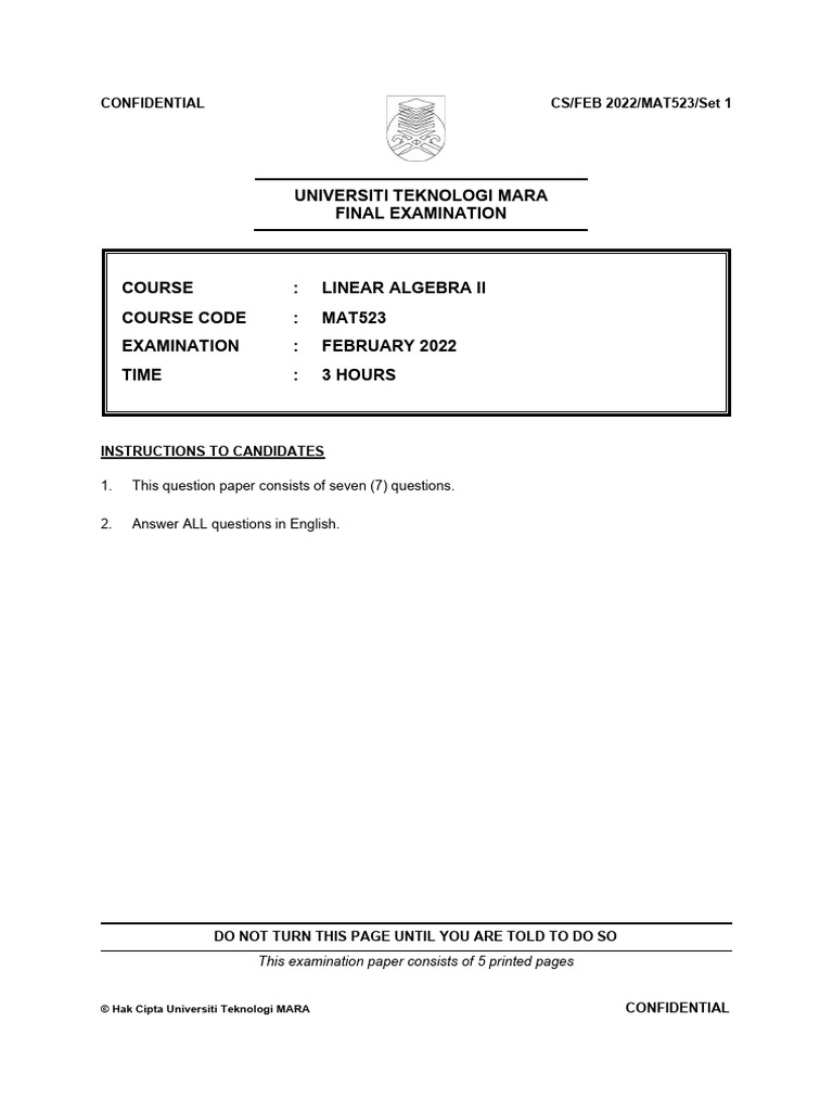 MAT523 Linear Algebra Final Exam 2022 | PDF | Matrix (Mathematics ...