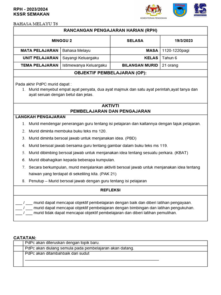 Bahasa Melayu T6: RPH - 2023/2024 KSSR Semakan | PDF