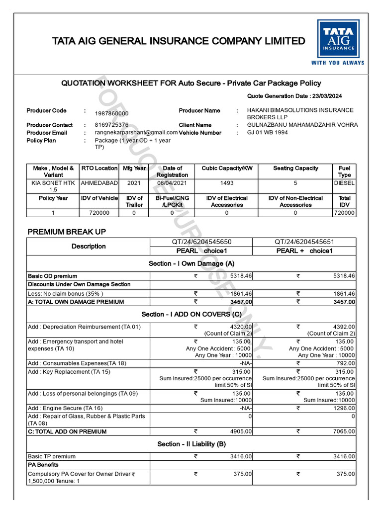 Tata AIG Motor Premium Quote - 3184 - QT - 24 - 6204545650 - QT - 24 ...