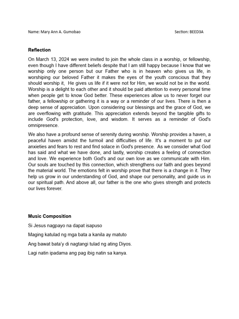 Reflection on Worship and Faith | PDF | Religion & Spirituality