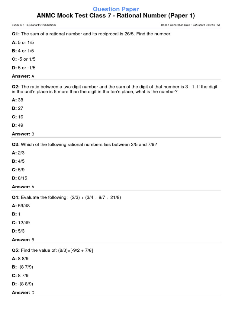Rational Number Paper 1 | PDF | Rational Number | Mathematical Concepts