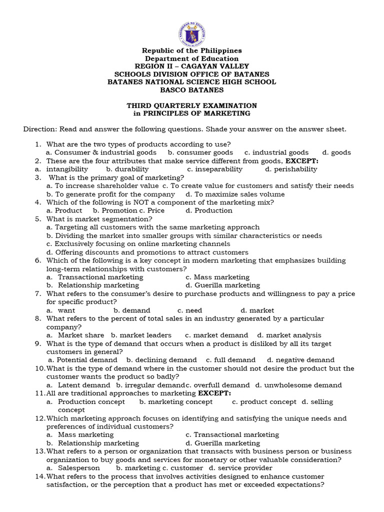 Principles of Marketing 3rd Quarter Exam | PDF | Marketing | Customer ...