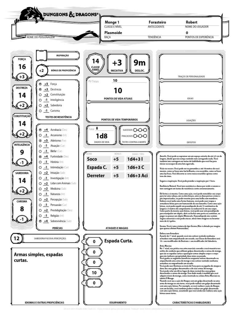Ficha-De-Personagem DeD Monge Do Robert | PDF | Espada