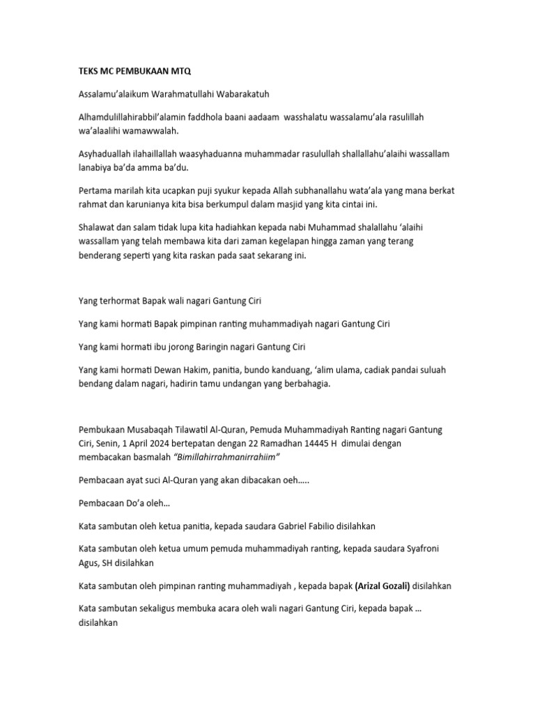 Teks MC Pembukaan + Moderator Lomba-1 | PDF