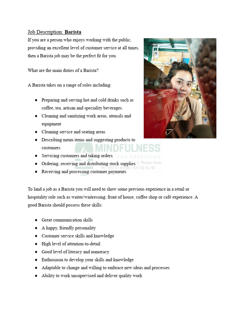 Job Description - Mindfulness Barista 2024 | PDF | Business | Self ...