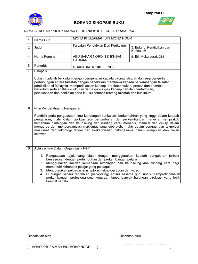 Borang Sinopsis Buku Setari 2024 | PDF