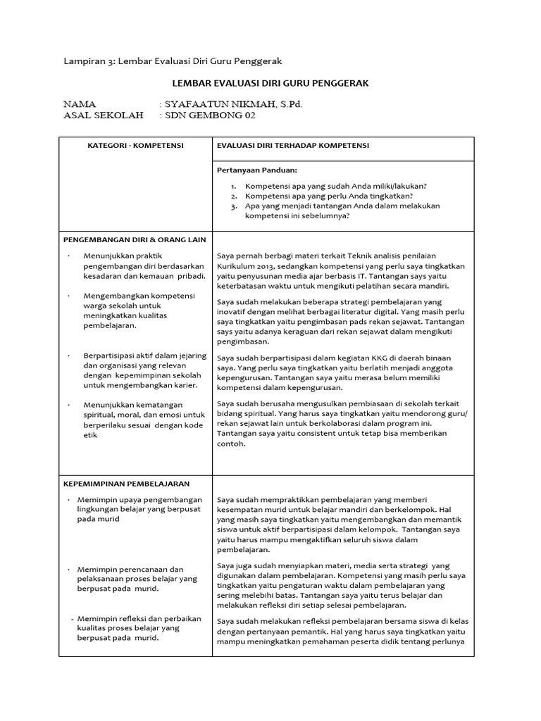 Lampiran 3 - Lembar Evaluasi Diri Guru Penggerak | PDF