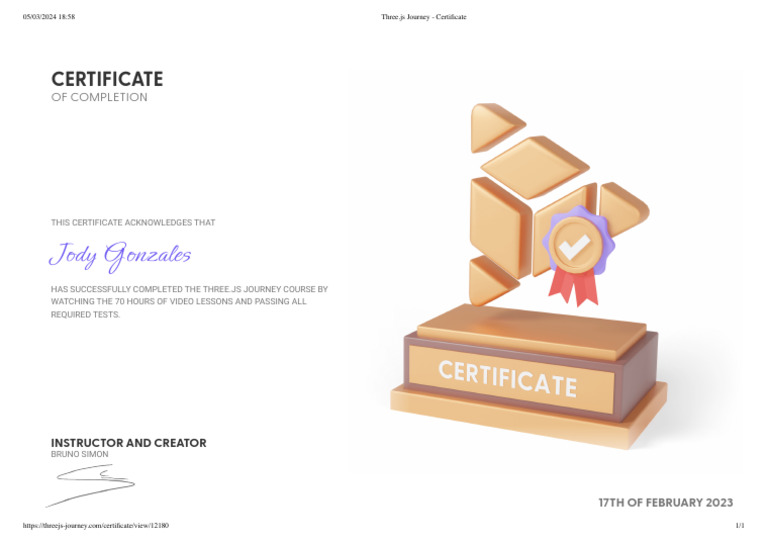 Three - Js Journey - Certificate | PDF
