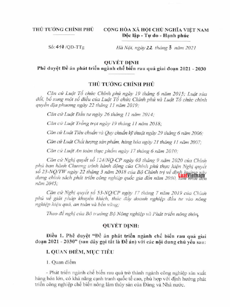 Quyet Dinh 417 QD TTG de An Phat Trien Nganh Che Bien Rau Qua Giai Doan 2021 2030 | PDF