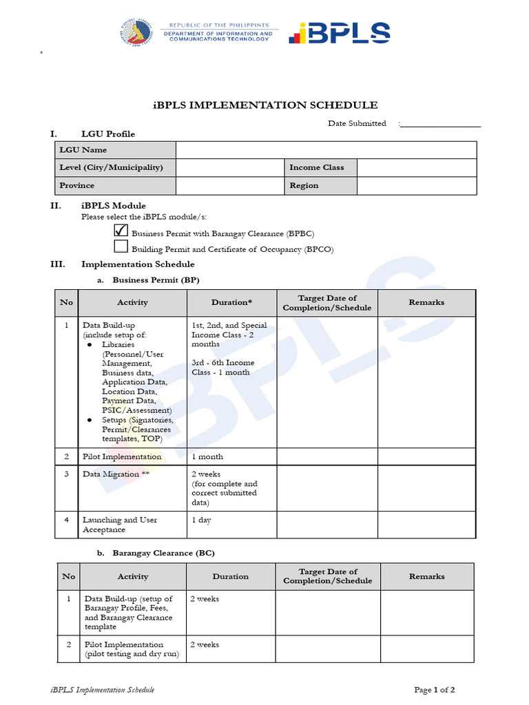 LGU Tipo Tipo iBPLS Implementation Schedule | PDF