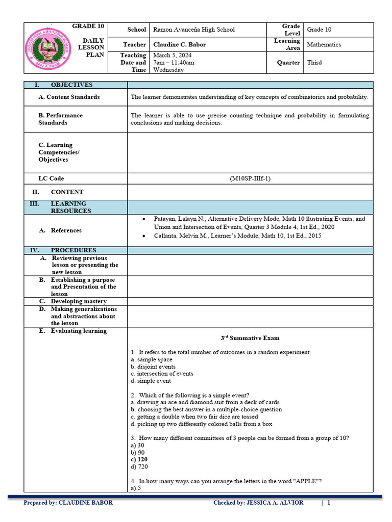 LP_SUMMATIVE EXAM | PDF | Permutation | Probability
