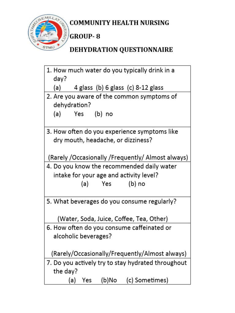 Dehydration Questionnaire | PDF