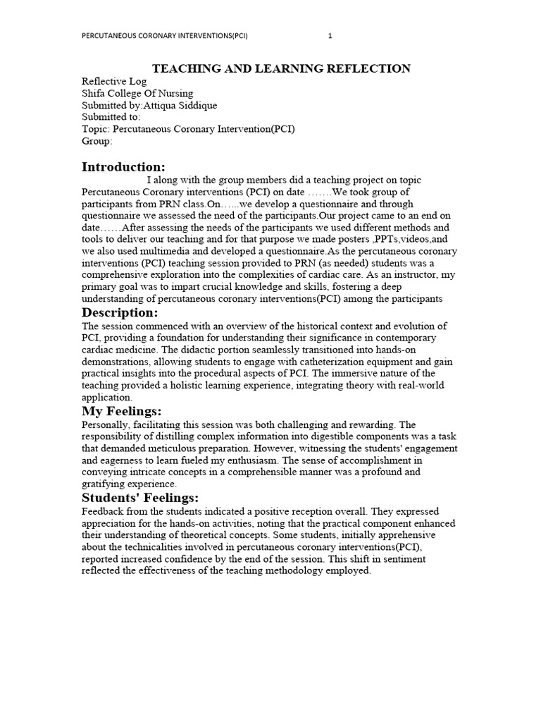 Teaching and Learning Reflection | PDF | Percutaneous Coronary Intervention | Learning
