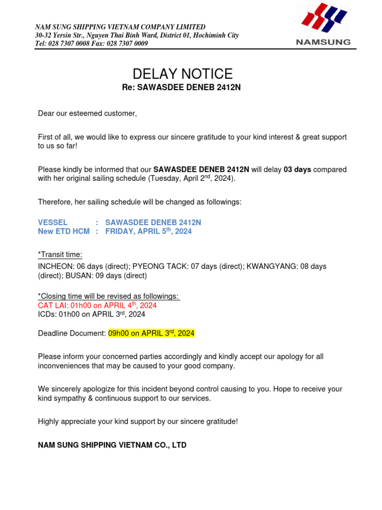 Delay Notice for SAWASDEE DENEB 2412N | PDF