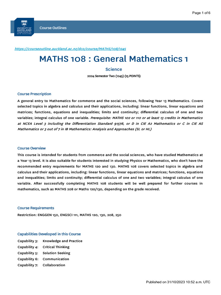 MATHS 108 - 2024 Semester Two - Course Outline | PDF | Mathematics ...