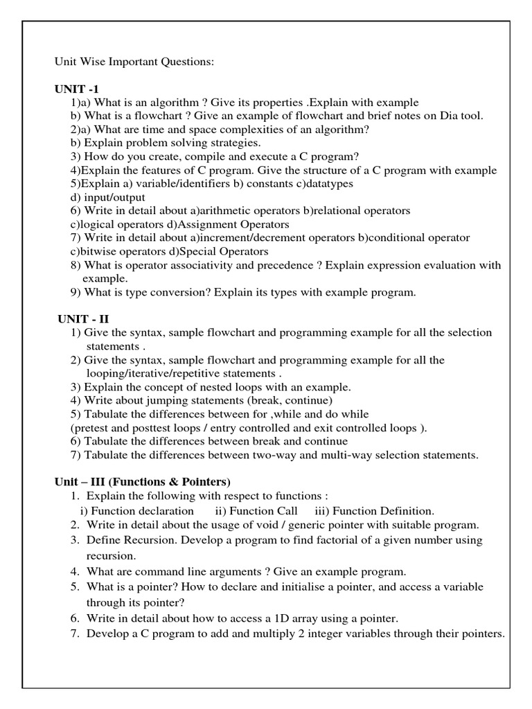 Ip Unit Wise Important Questions Pdf Pointer Computer Programming