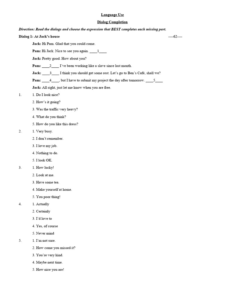 Dialog Completion Test | Download Free PDF | Waiting Staff