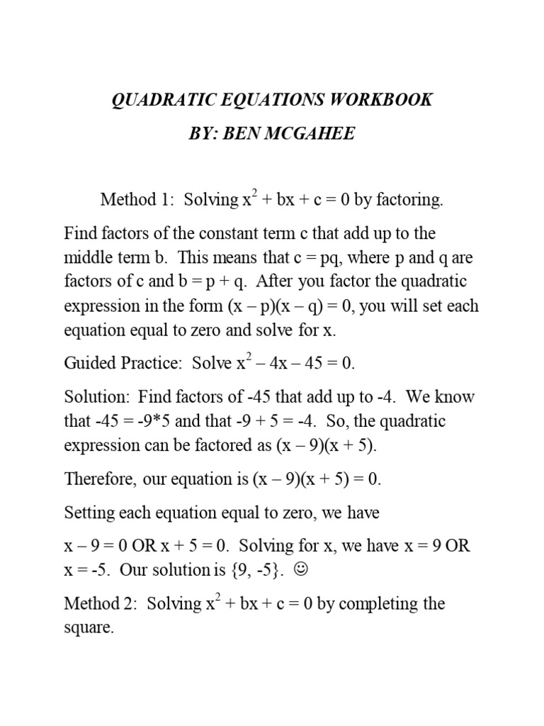 Quadratic Equations Workbook By: Ben Mcgahee | PDF | Quadratic Equation | Mathematical Objects