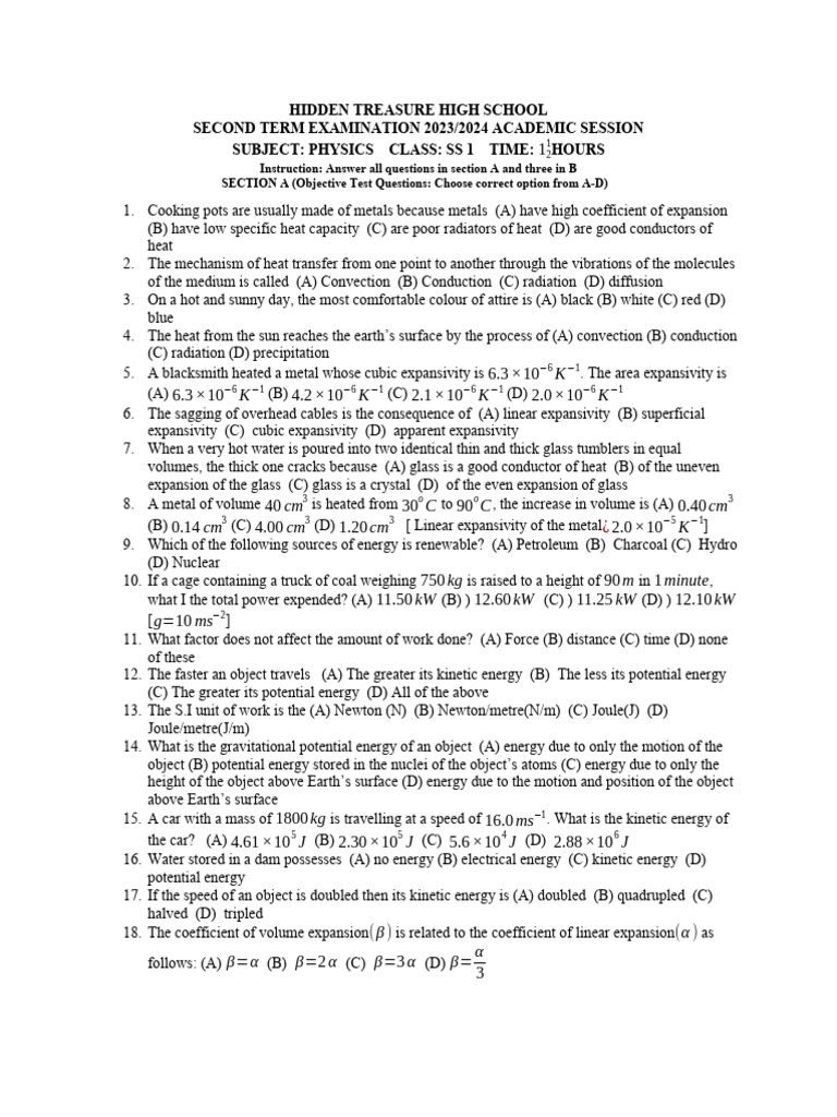 SS1 2ND Term Physics Exam QSTNS | PDF | Thermal Expansion | Heat Transfer