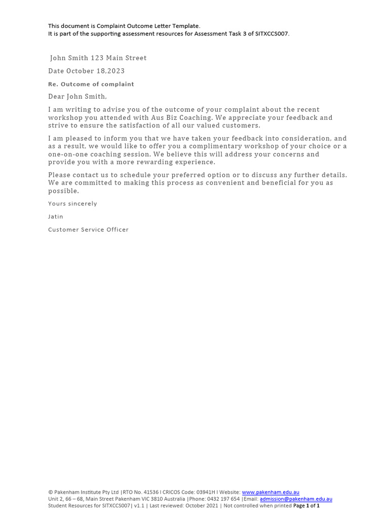 Complaint Outcome Letter Template | PDF