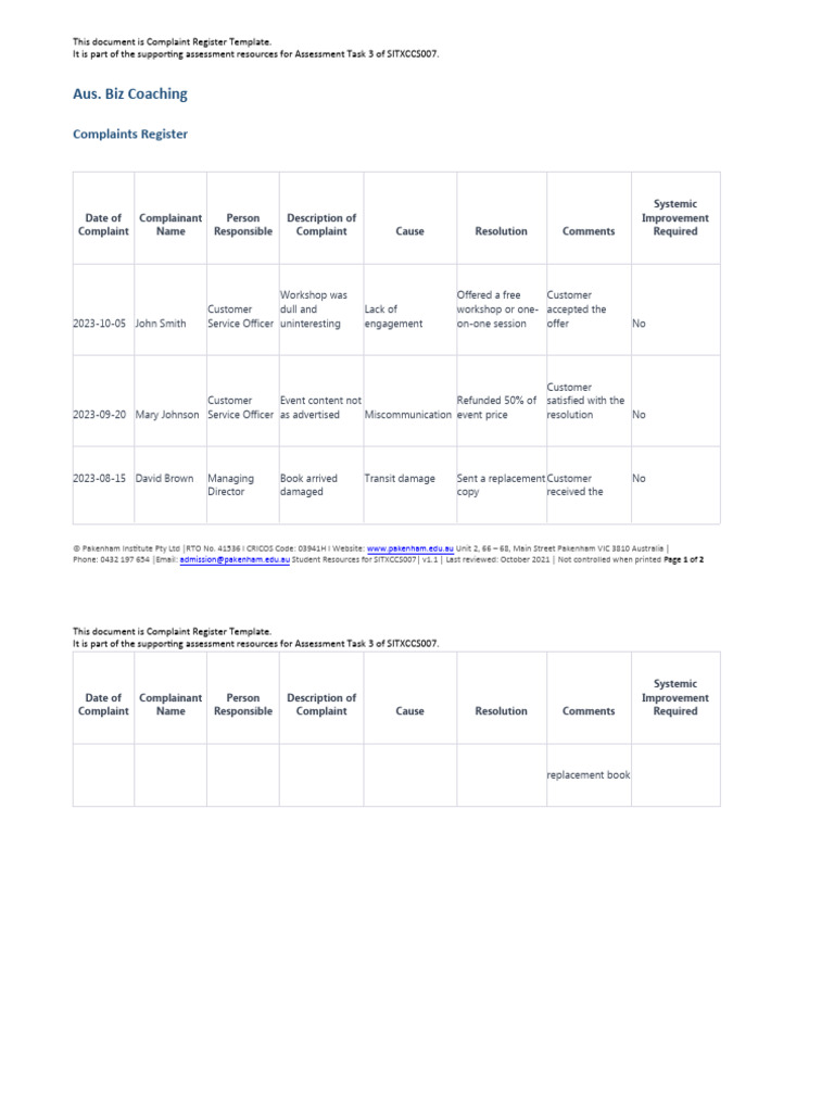 Complaints Register Template | PDF